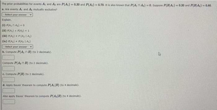 Solved The prior probabilities for events A1 and A2 are | Chegg.com