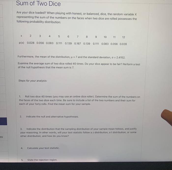 Solved Sum of Two Dice Are your dice loaded? When playing | Chegg.com