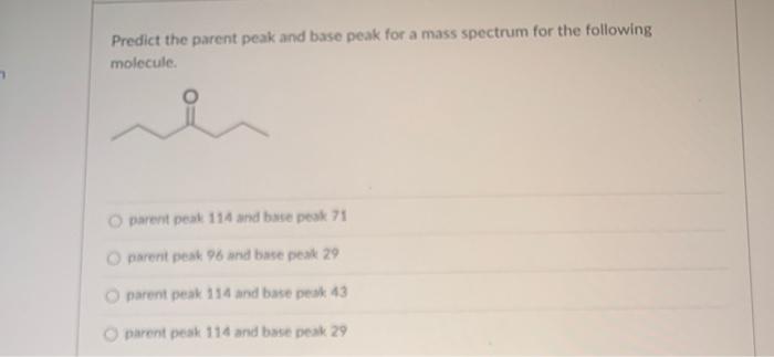 Solved Predict the parent peak and base peak for a mass | Chegg.com
