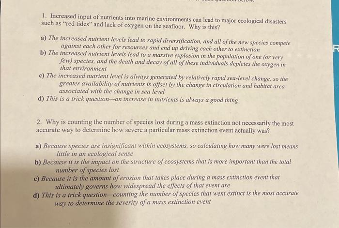 Solved 1. Increased input of nutrients into marine | Chegg.com
