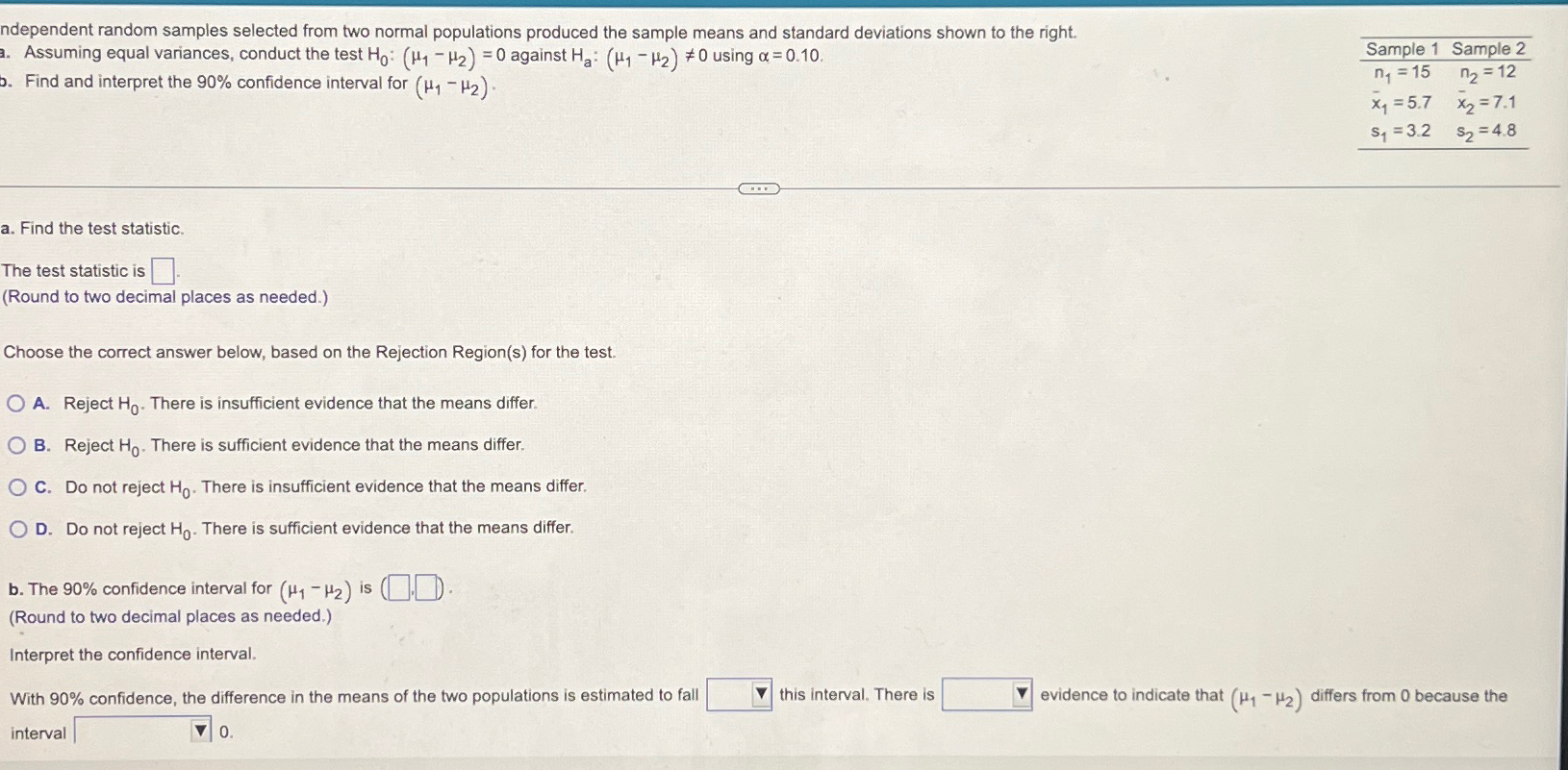 Solved ndependent random samples selected from two normal | Chegg.com