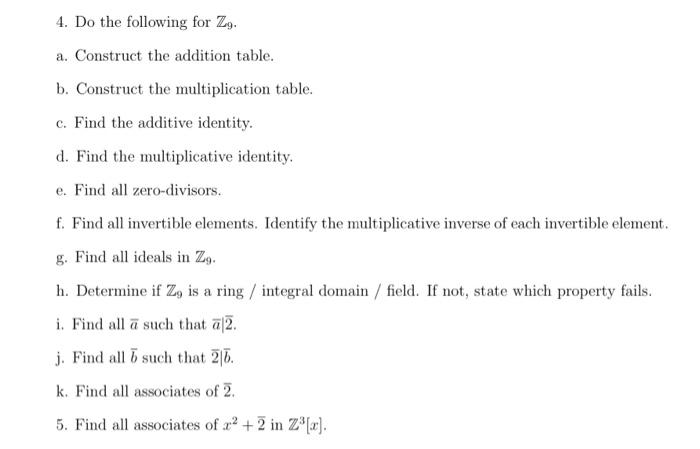 Solved 4. Do the following for Z9. a. Construct the addition | Chegg.com