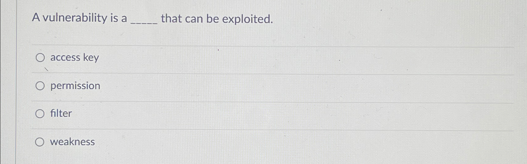Solved A vulnerability is a that can be exploited.access | Chegg.com