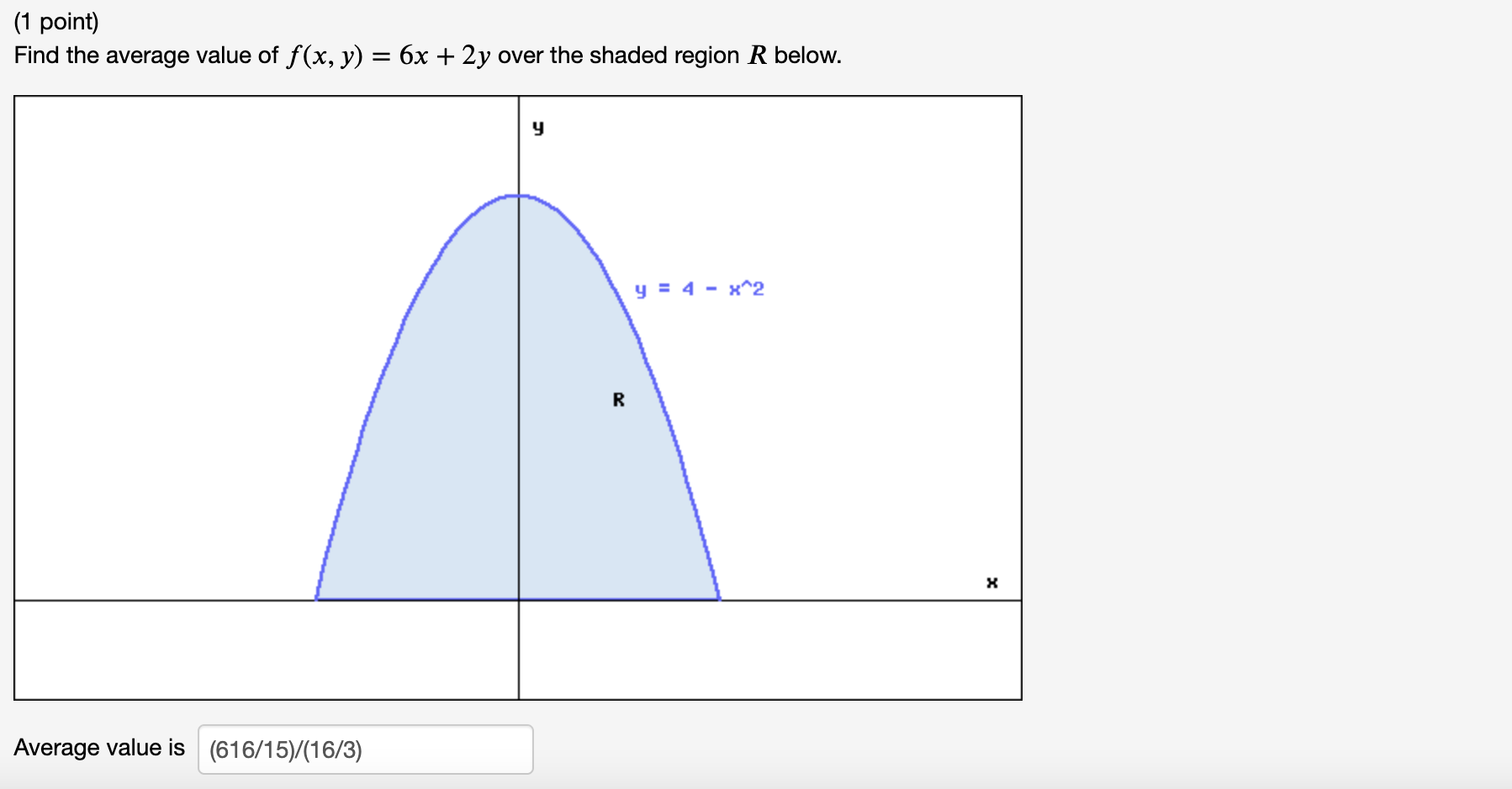 Solved (1 ﻿point)Find the average value of f(x,y)=6x+2y | Chegg.com