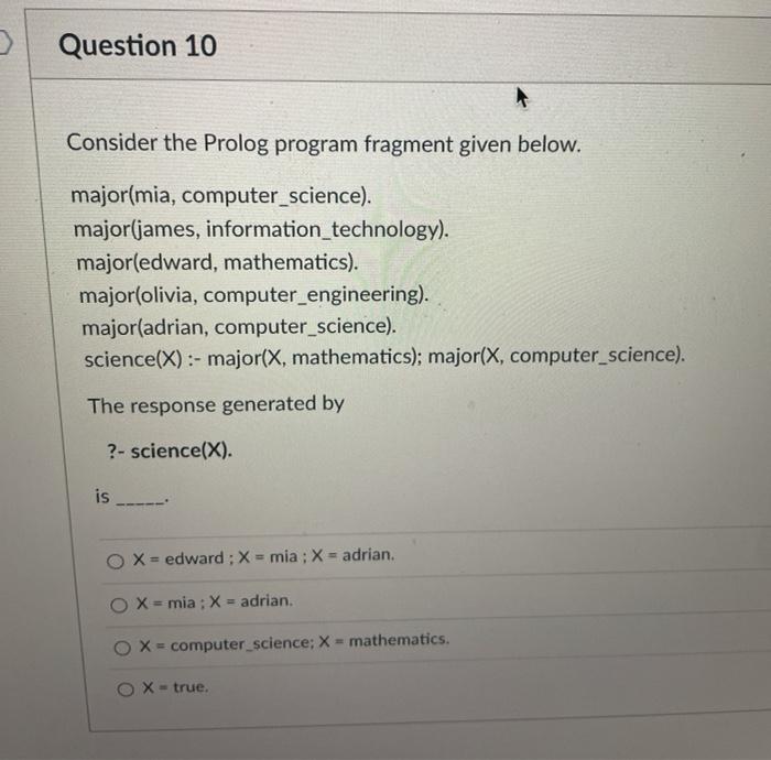 Solved Question 10 Consider the Prolog program fragment | Chegg.com