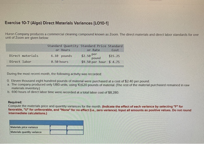Solved Exercise 10-7 (Algo) Direct Materials Variances | Chegg.com