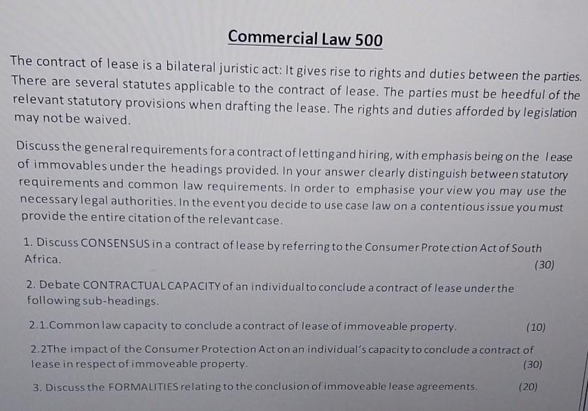 Solved The contract of lease is a bilateral juristic act: It | Chegg.com