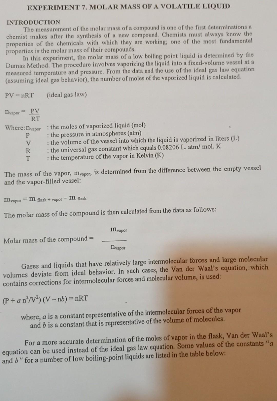 Solved EXPERIMENT 7. MOLAR MASS OF A VOLATILE LIQUID | Chegg.com