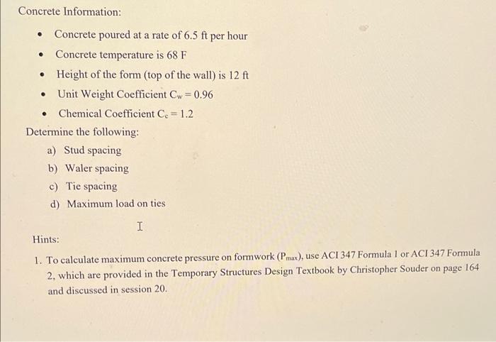Solved Design wood formwork for a cast-in-place concrete | Chegg.com