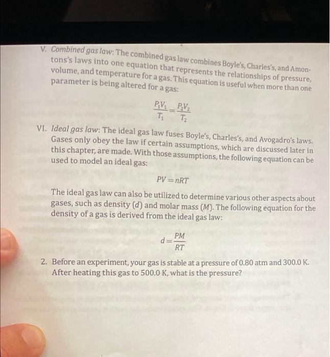 Solved V. Combined gas law: The combined gas law combines | Chegg.com