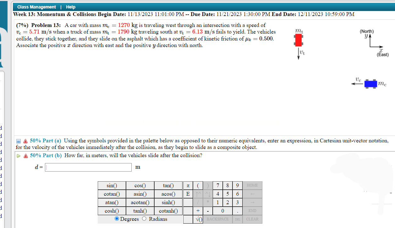 Solved (7\%) Problem 13: A car with mass mc=1270 kg is | Chegg.com