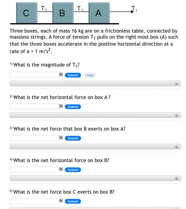 Solved Three boxes, each of mass 16 kg are on a frictionless | Chegg.com