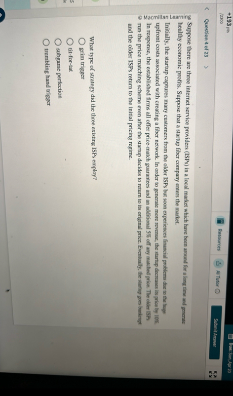 Solved 193 ﻿ptsDue: Sun, Apr 20/2300ResourcesAl TutorSubmit | Chegg.com