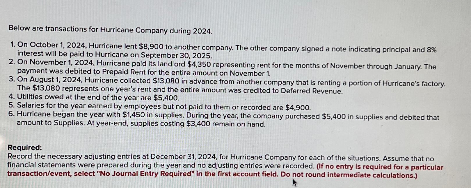 Solved Below are transactions for Hurricane Company during | Chegg.com