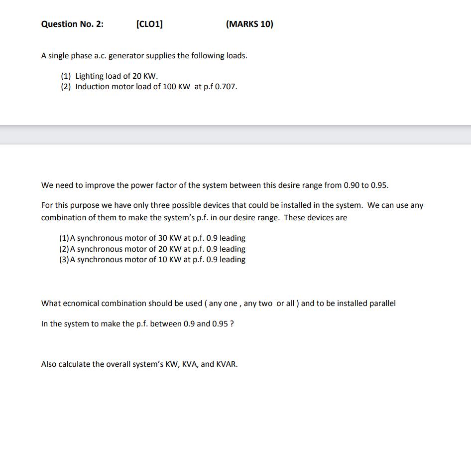Solved Question No. 2: (CL01] (MARKS 10) A single phase a.c. | Chegg.com