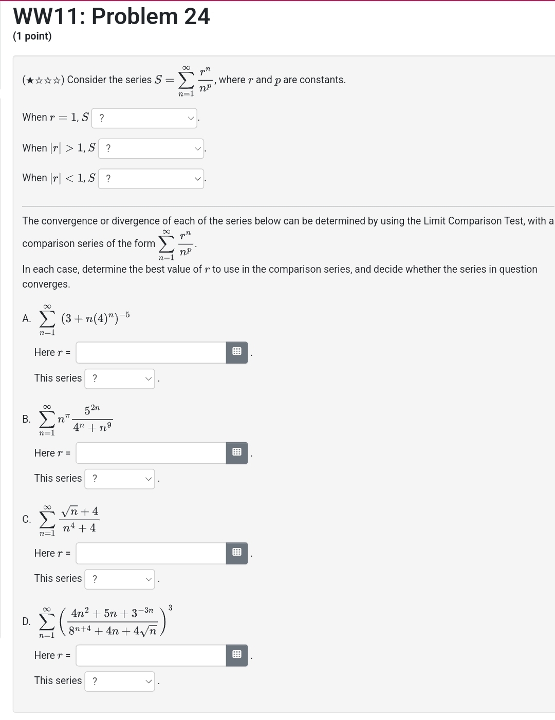 Solved WW11: Problem 24(1 ﻿point)When r=1,SWhen |r|>1,SWhen | Chegg.com