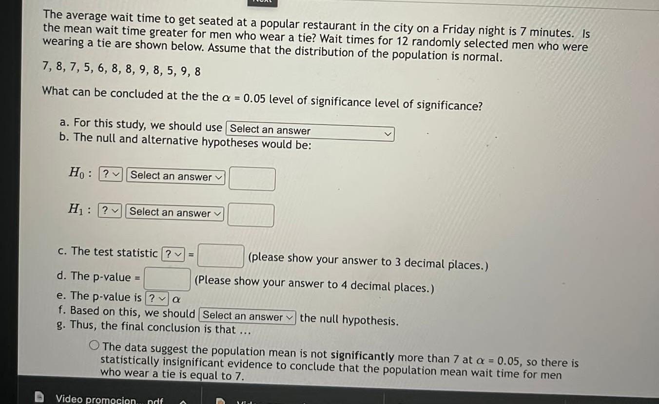 Solved The average wait time to get seated at a popular | Chegg.com
