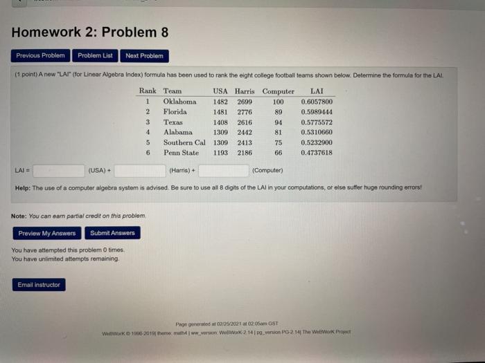 Solved Homework 2: Problem 8 Previous Problem Probler List | Chegg.com