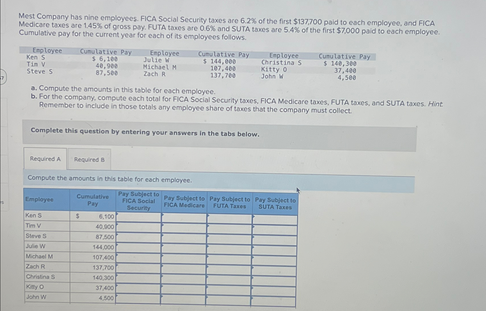 Mest Company has nine employees. FICA Social Security | Chegg.com
