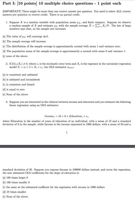 Solved Part I: [10 points] 10 multiple choice questions - 1 | Chegg.com