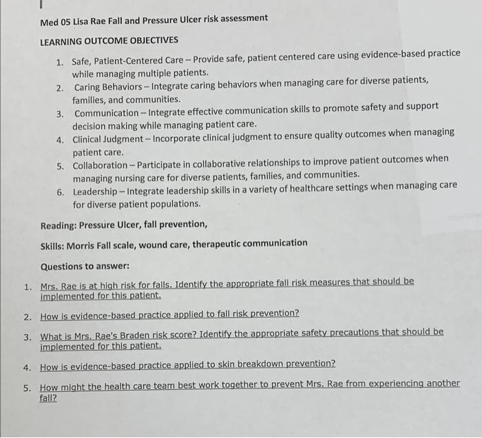 Solved Med 05 Lisa Rae Fall and Pressure Ulcer risk | Chegg.com