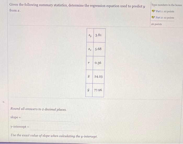 Solved Given the following summary statistics, determine the | Chegg.com