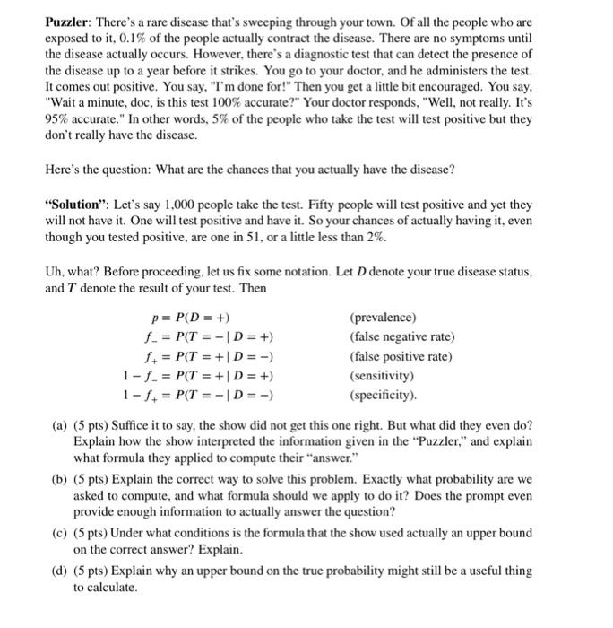 Solved Puzzler: There's a rare disease that's sweeping | Chegg.com
