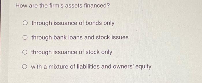 Solved How are the firm's assets financed? O through | Chegg.com