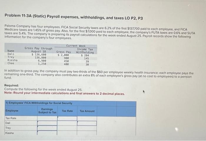 Solved Problem 11-3A (Static) Payroll expenses, | Chegg.com