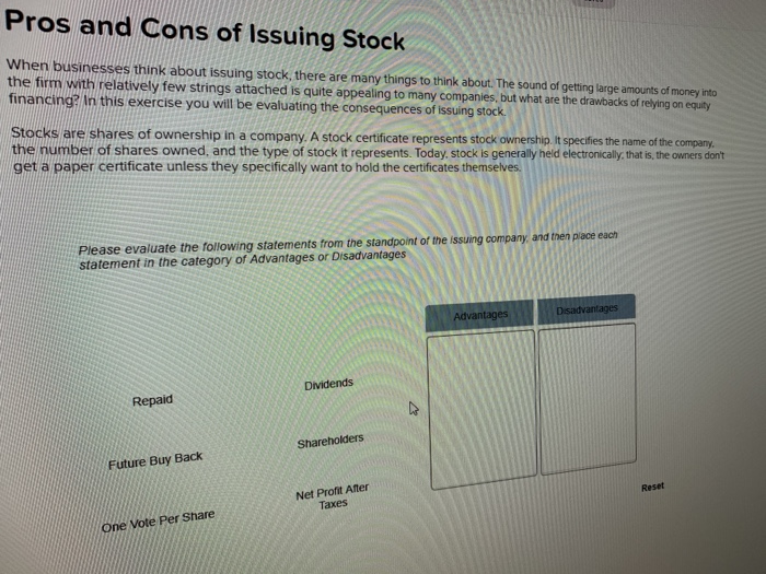 Solved Pros and Cons of Issuing Stock When businesses think | Chegg.com