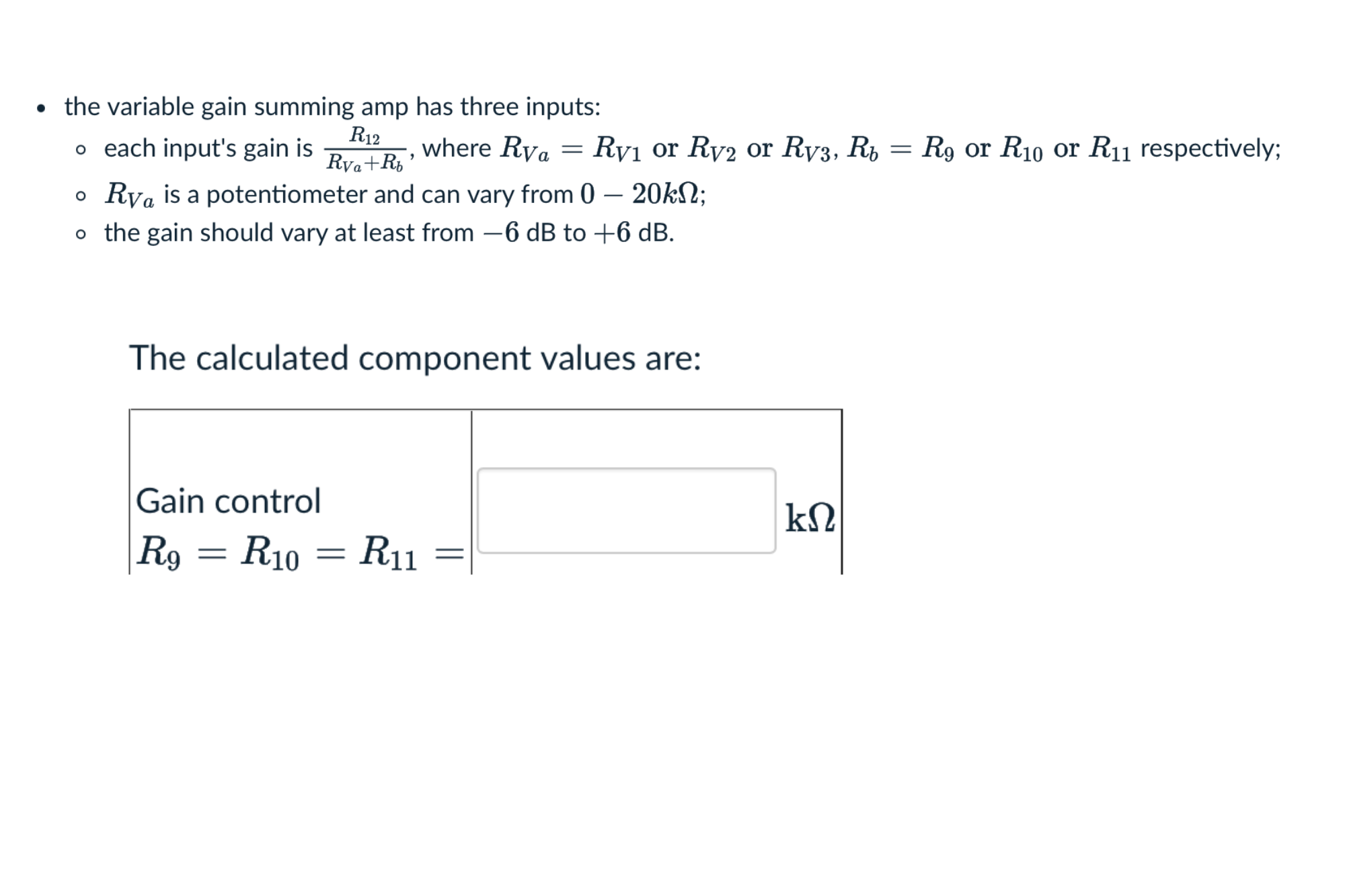 Solved the variable gain summing amp has three inputs:each | Chegg.com