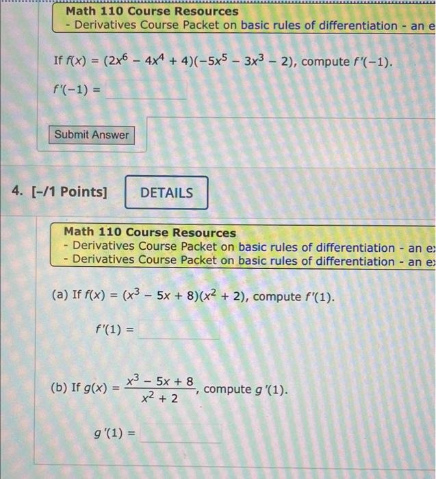 Solved Math 110 Course Resources Derivatives Course Packet | Chegg.com