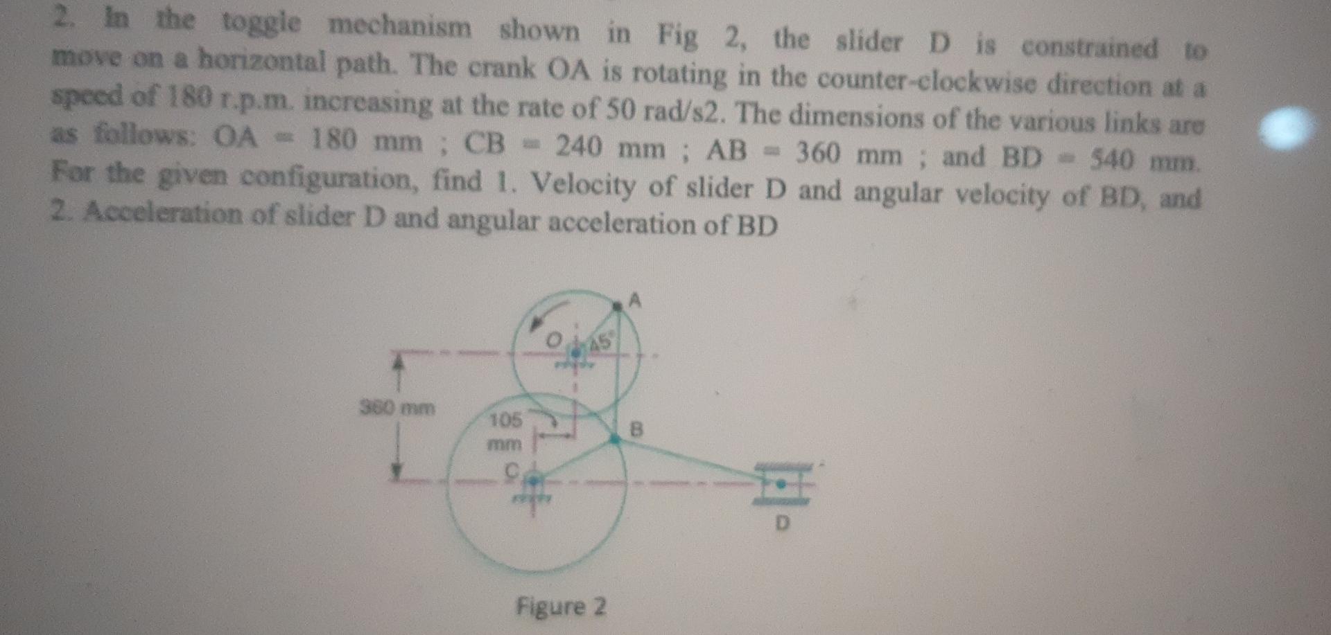 Solved 2. In the toggle mechanism shown in Fig 2, the slider | Chegg.com
