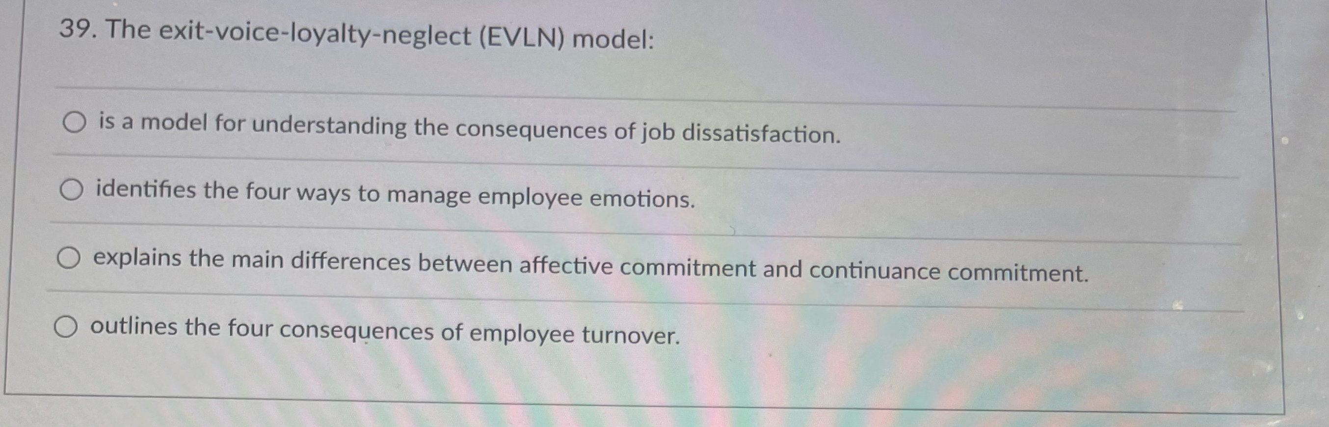 Solved The exit-voice-loyalty-neglect (EVLN) ﻿model:is a | Chegg.com