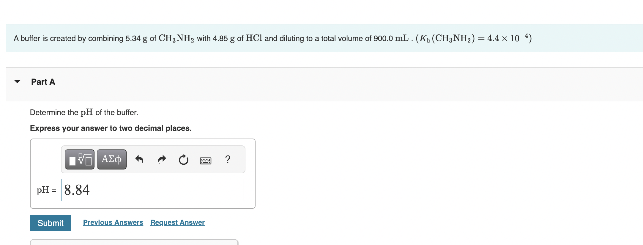 Solved A buffer is created by combining 5.34g ﻿of CH3NH2 | Chegg.com