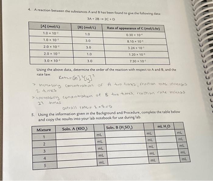 Solved 4. A reaction between the substances A and B has been | Chegg.com