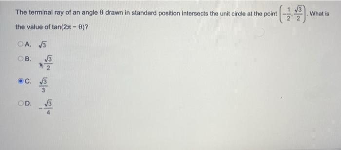 Solved The terminal ray of an angle drawn in standard | Chegg.com