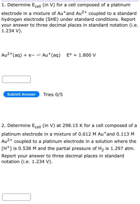Solved 1. Determine Ecell (in V ) for a cell composed of a | Chegg.com