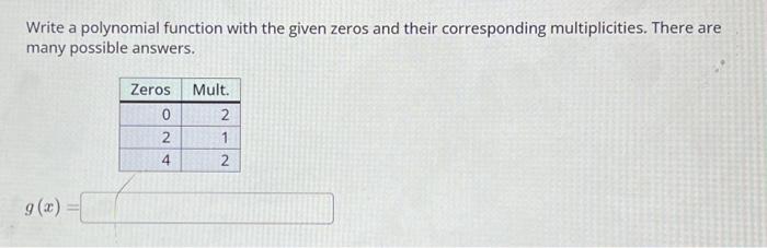 Solved Write a polynomial function with the given zeros and | Chegg.com