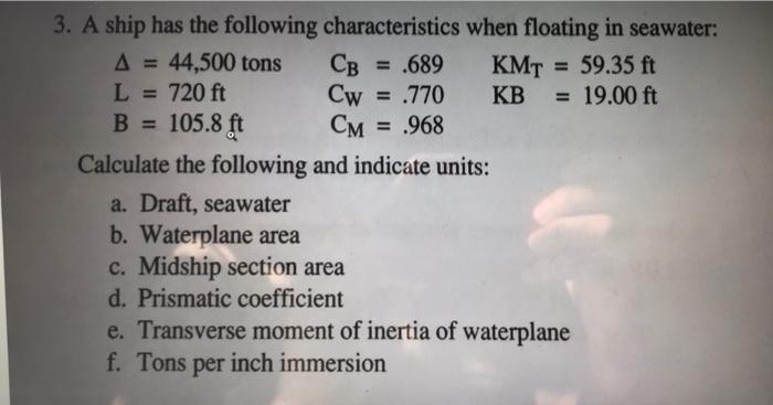 Solved = 3. A ship has the following characteristics when | Chegg.com