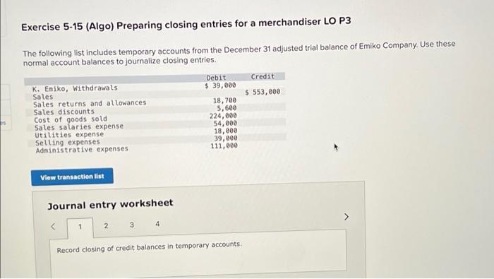 Solved Exercise 5-15 (Algo) Preparing closing entries for a | Chegg.com