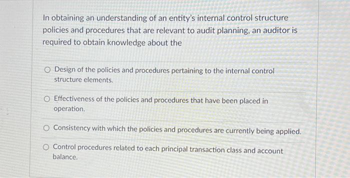 Solved In obtaining an understanding of an entity's internal | Chegg.com