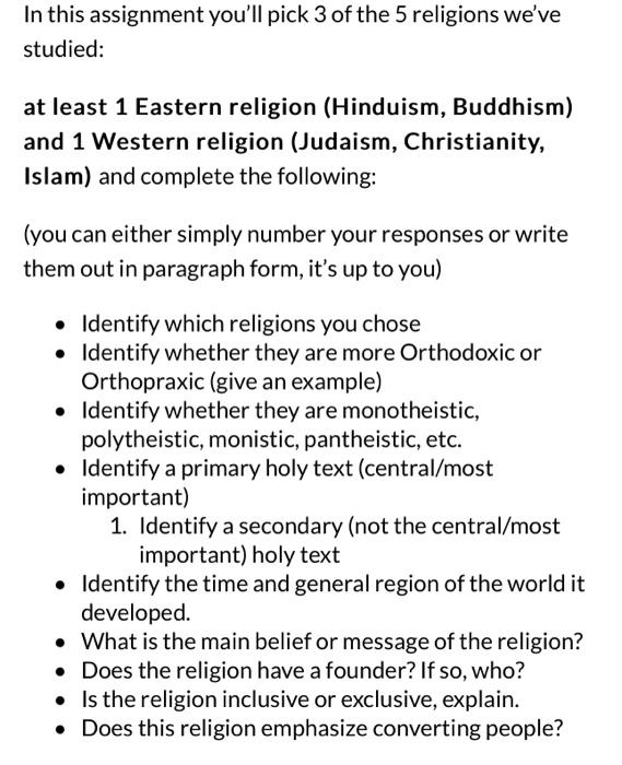 Solved In this assignment you'll pick 3 of the 5 religions | Chegg.com