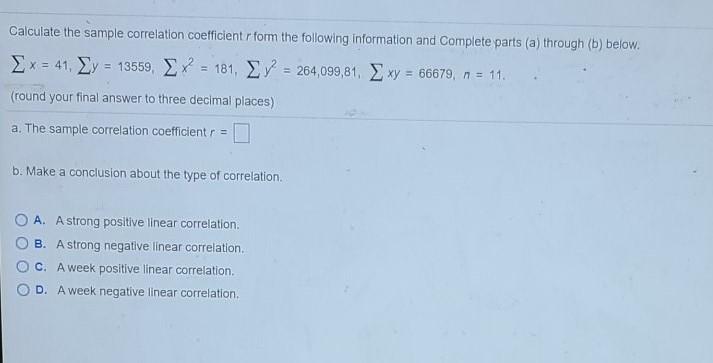 Solved Calculate the sample correlation coefficient rform | Chegg.com