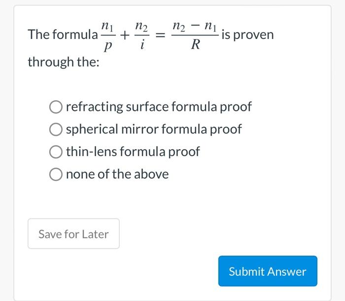 Solved ni n2 The formula + р i through the: n2 - n1 is | Chegg.com