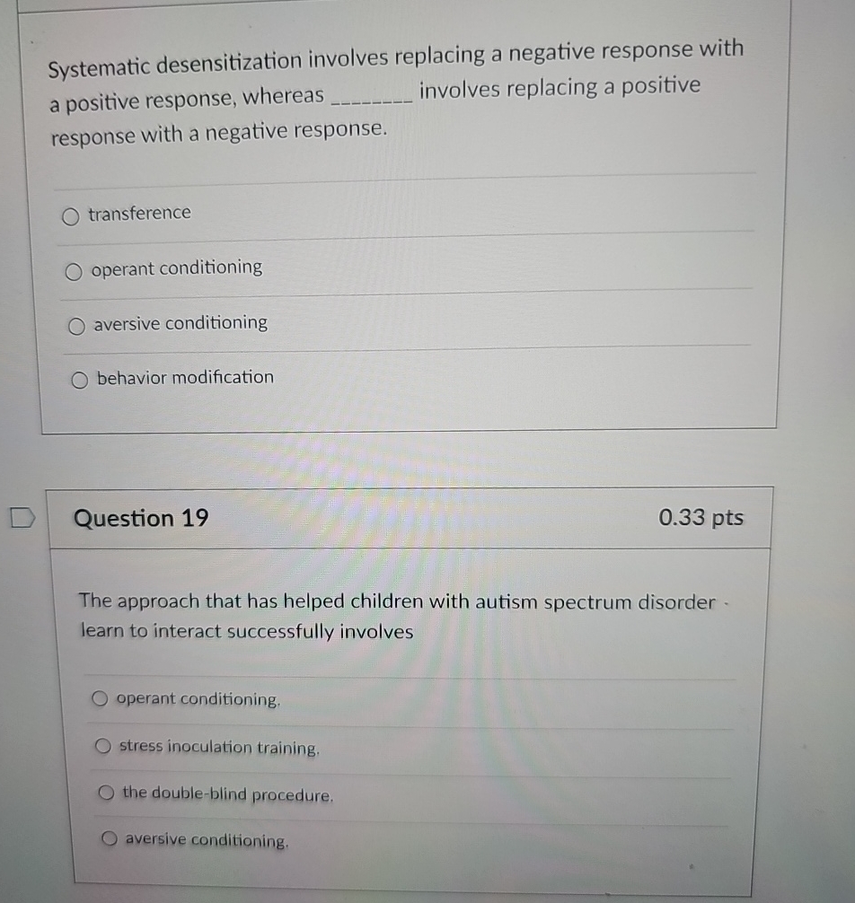 Solved Systematic desensitization involves replacing a | Chegg.com