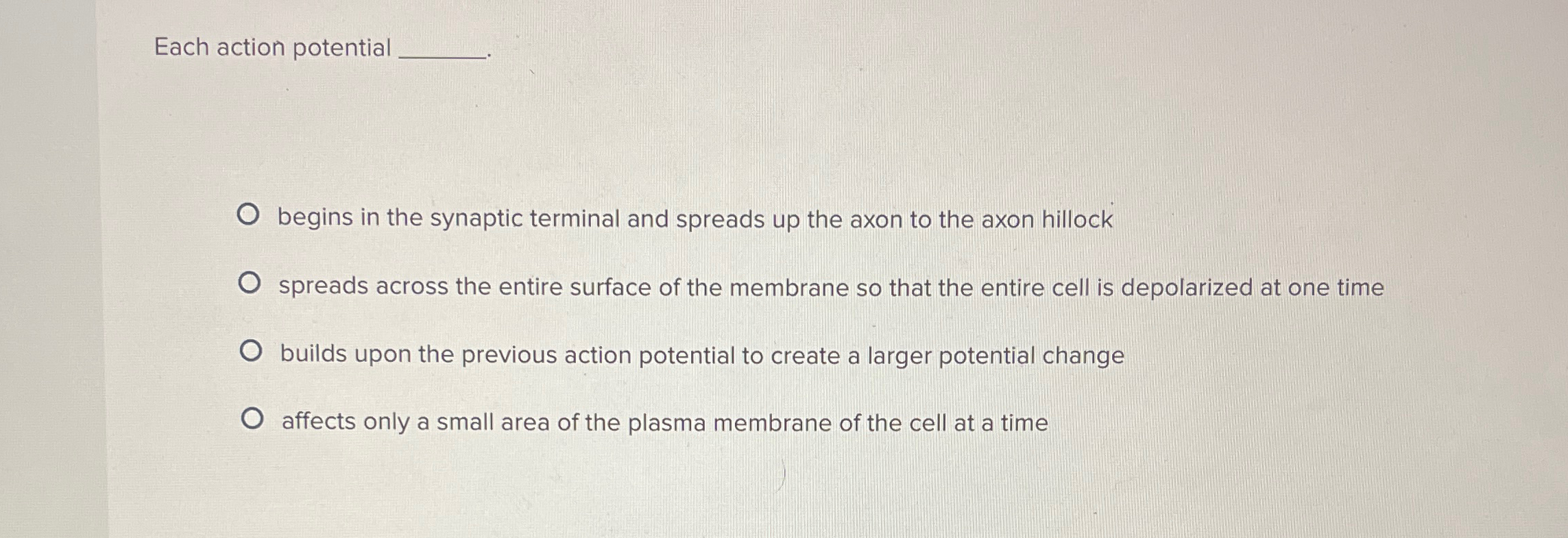 Solved Each action potentialbegins in the synaptic terminal | Chegg.com