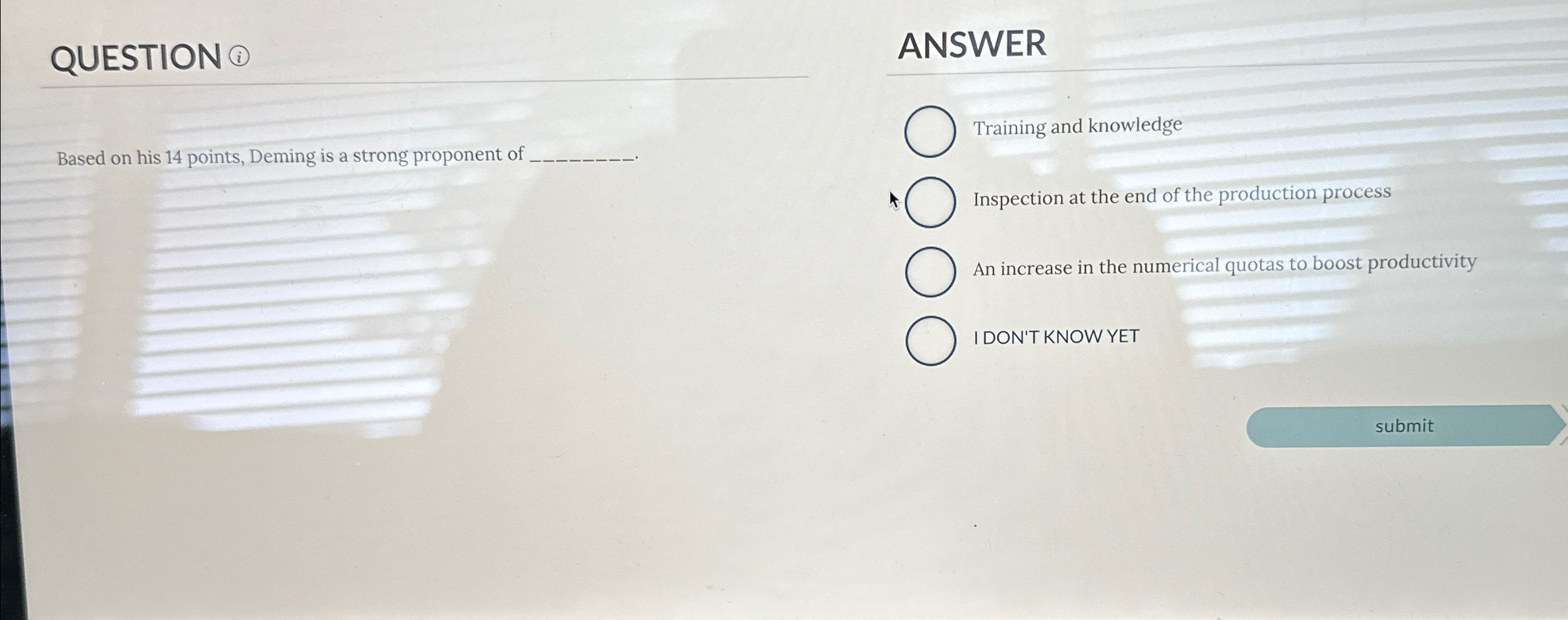 Solved QUESTION (1)ANSWERBased on his 14 ﻿points, Deming is | Chegg.com