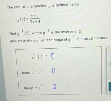 Solved The one-to-one function g ﻿is defined | Chegg.com