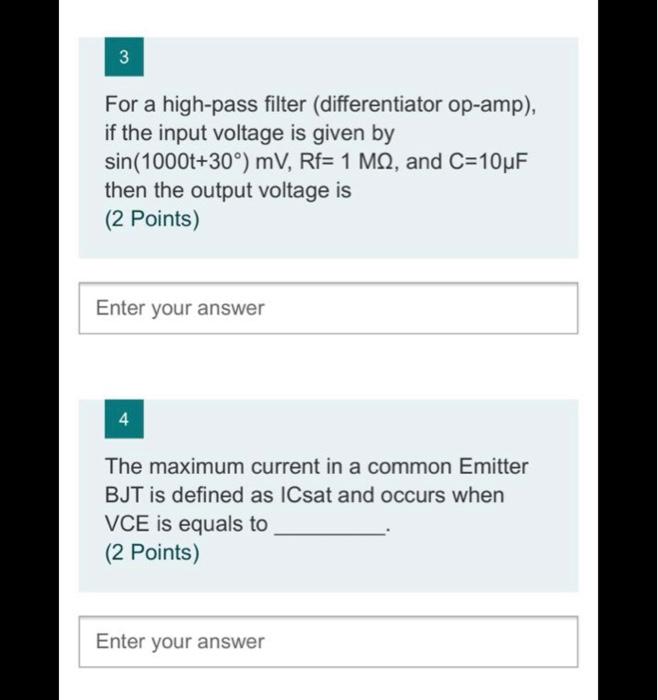 Solved 3 For a high-pass filter (differentiator op-amp), if | Chegg.com
